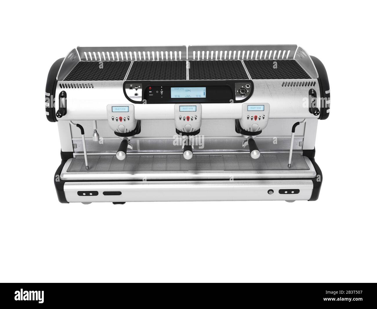3D rendering professional metal coffee machine for three horns isolated ...