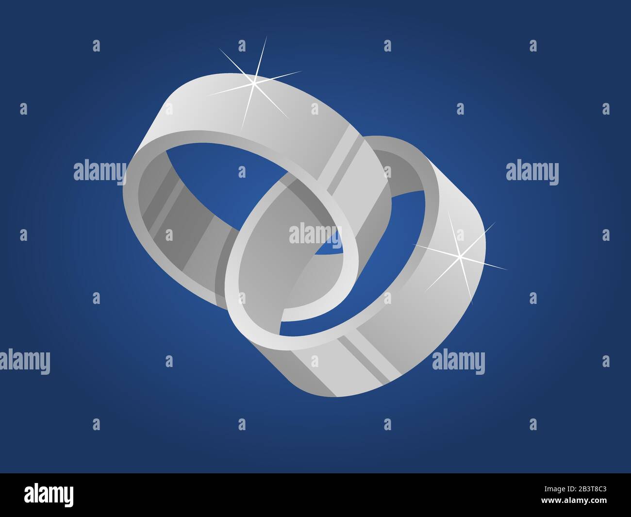 Interlocked rings, platinum or silver isolated on blue background. Two ...