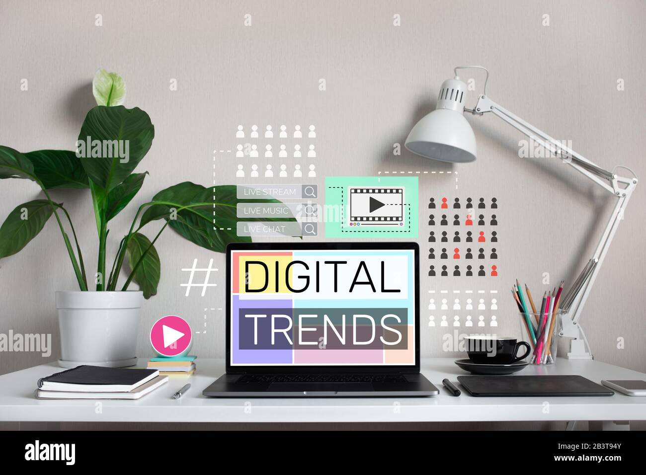 Digital trends with modern graphic and text on laptop on desk table ...