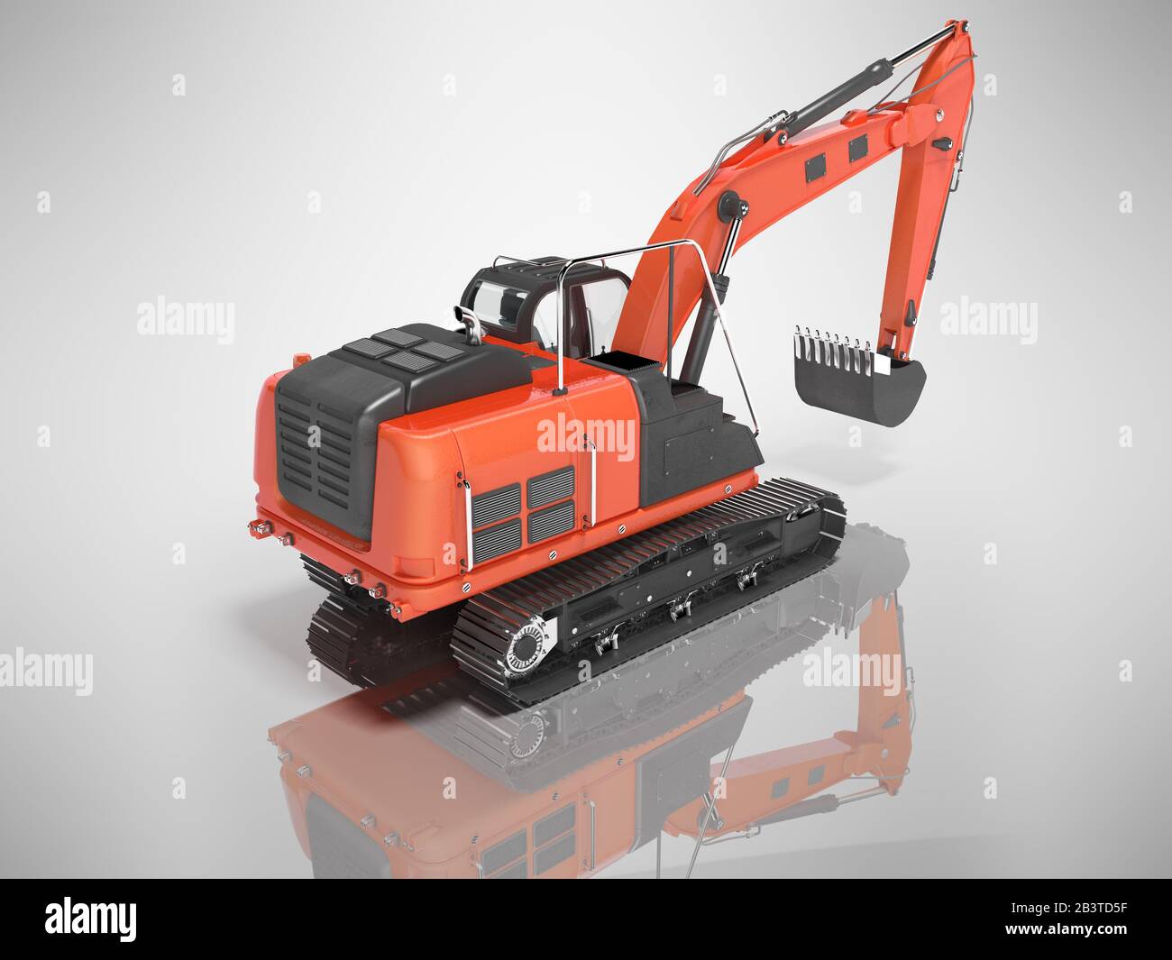 3D rendering red crawler excavator rear view on gray background with ...