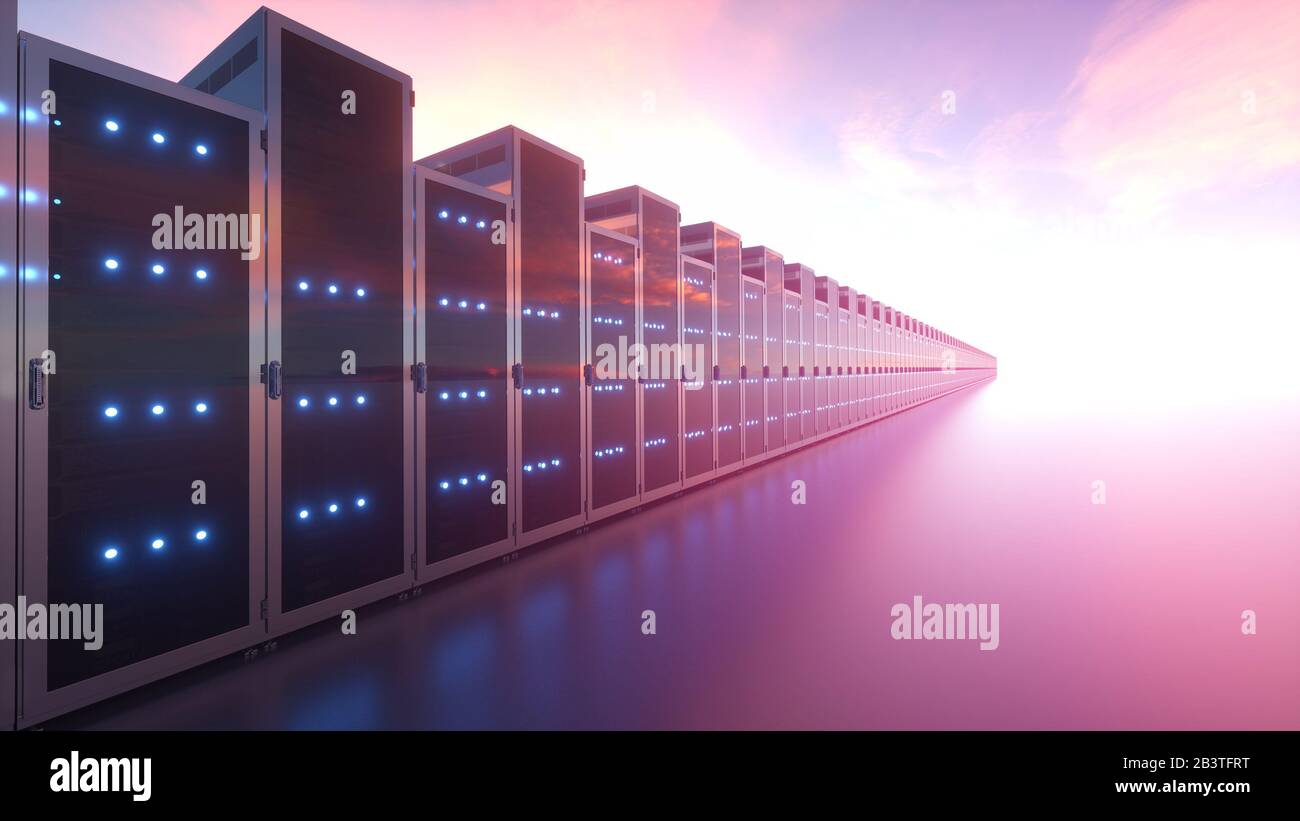 3d illustration of rows of network servers machine farm cloud computing hardware on blue sky ...