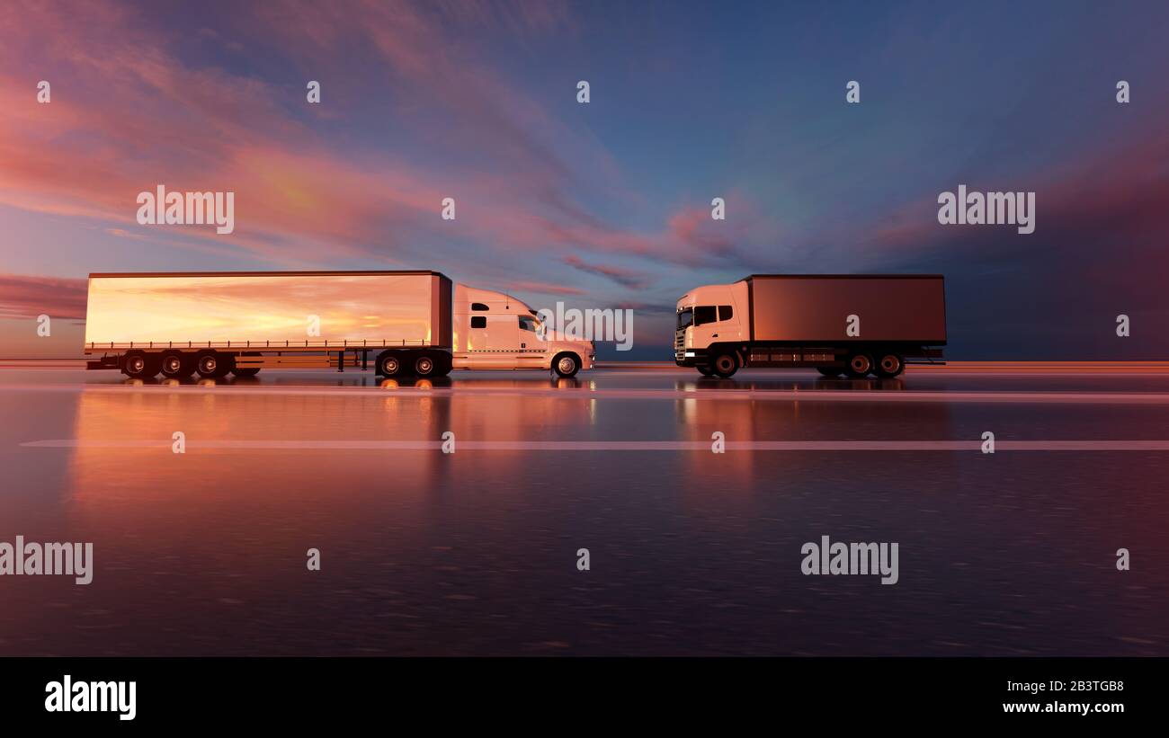 Two trucks on the road. Transports, logistics concept. 3d rendering ...