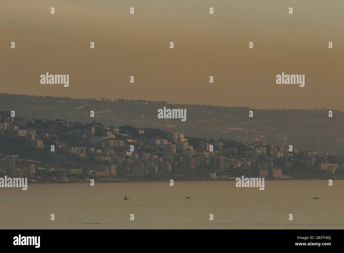 Beirut, Lebanon. 5 March 2020: A thick brown haze of Nitogen Dioxide ...
