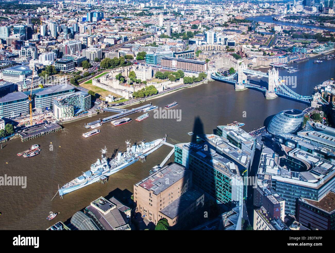 The view over London with the shadow of the Shard in the foreground ...
