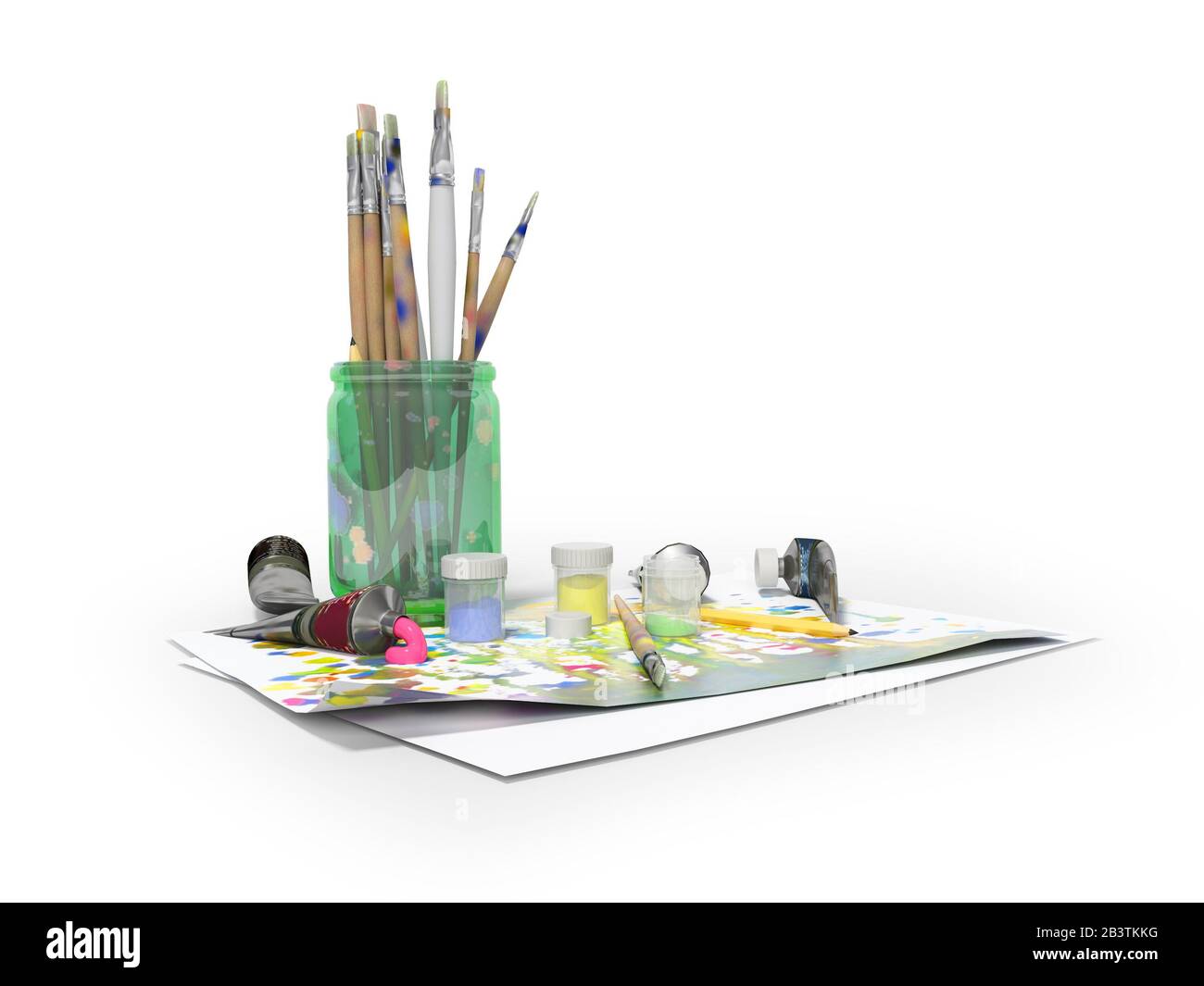 3d rendering set for drawing with paints on white background with ...
