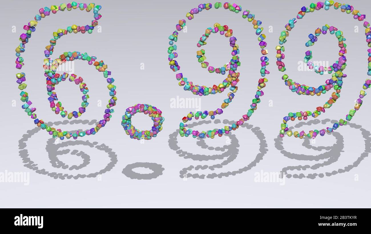 Colorful 3D writting of £6.99 text with small objects over a white ...