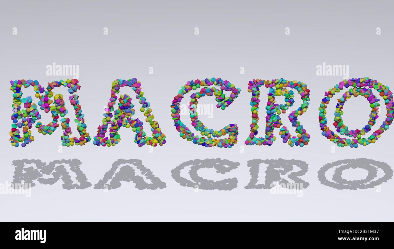 MACRO written in 3D illustration by colorful small objects casting ...