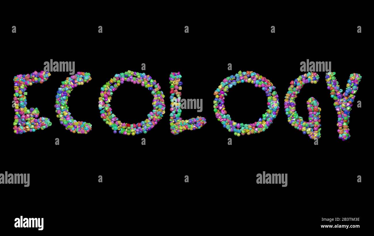 Colorful 3D writting of ECOLOGY text with small objects over a dark ...