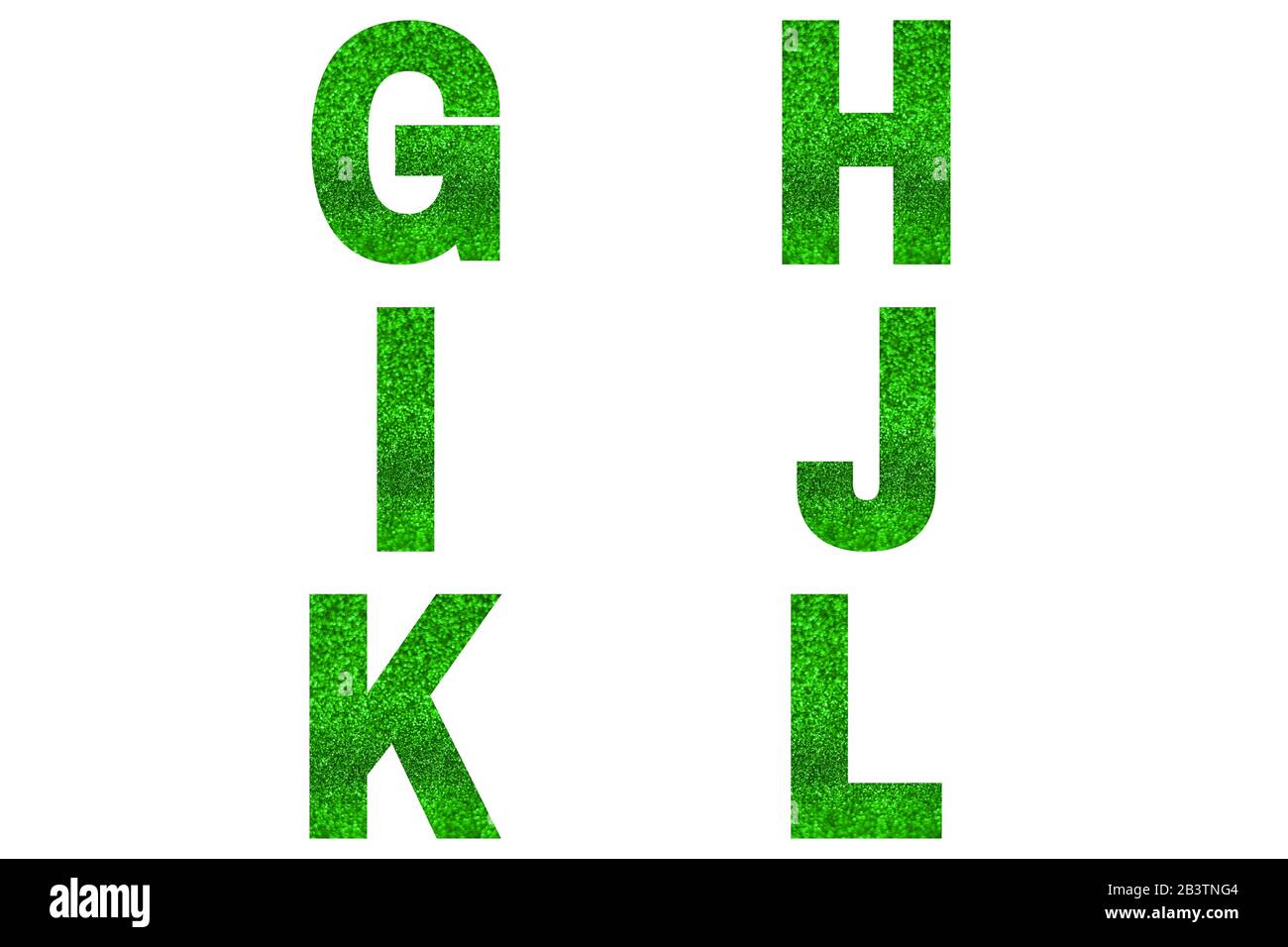 Green font Alphabet g, h, i, j, k, l made of green sparkle background ...