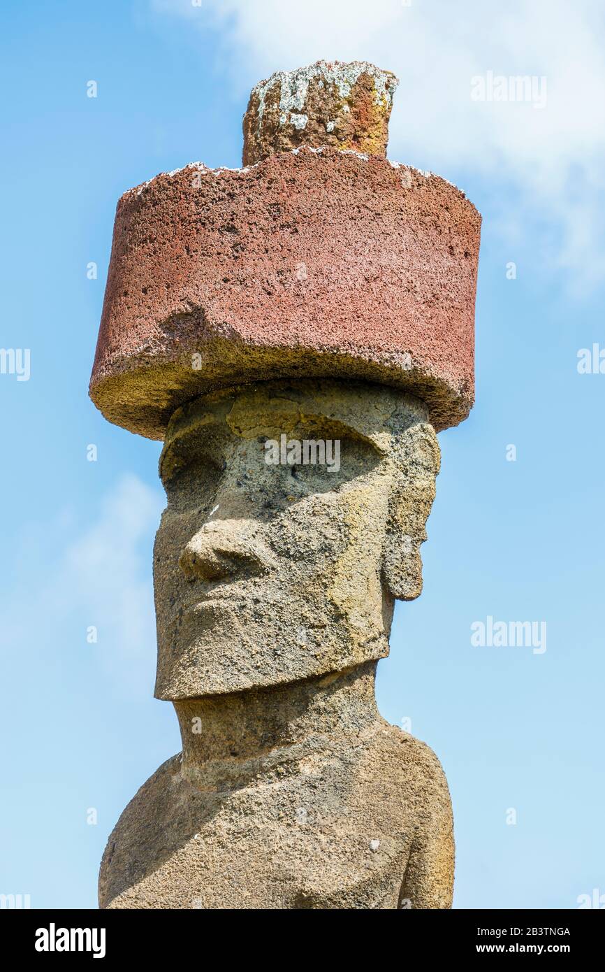 Head of a restored moai with its red scoria topknot (pukao) on Ahu Nao ...