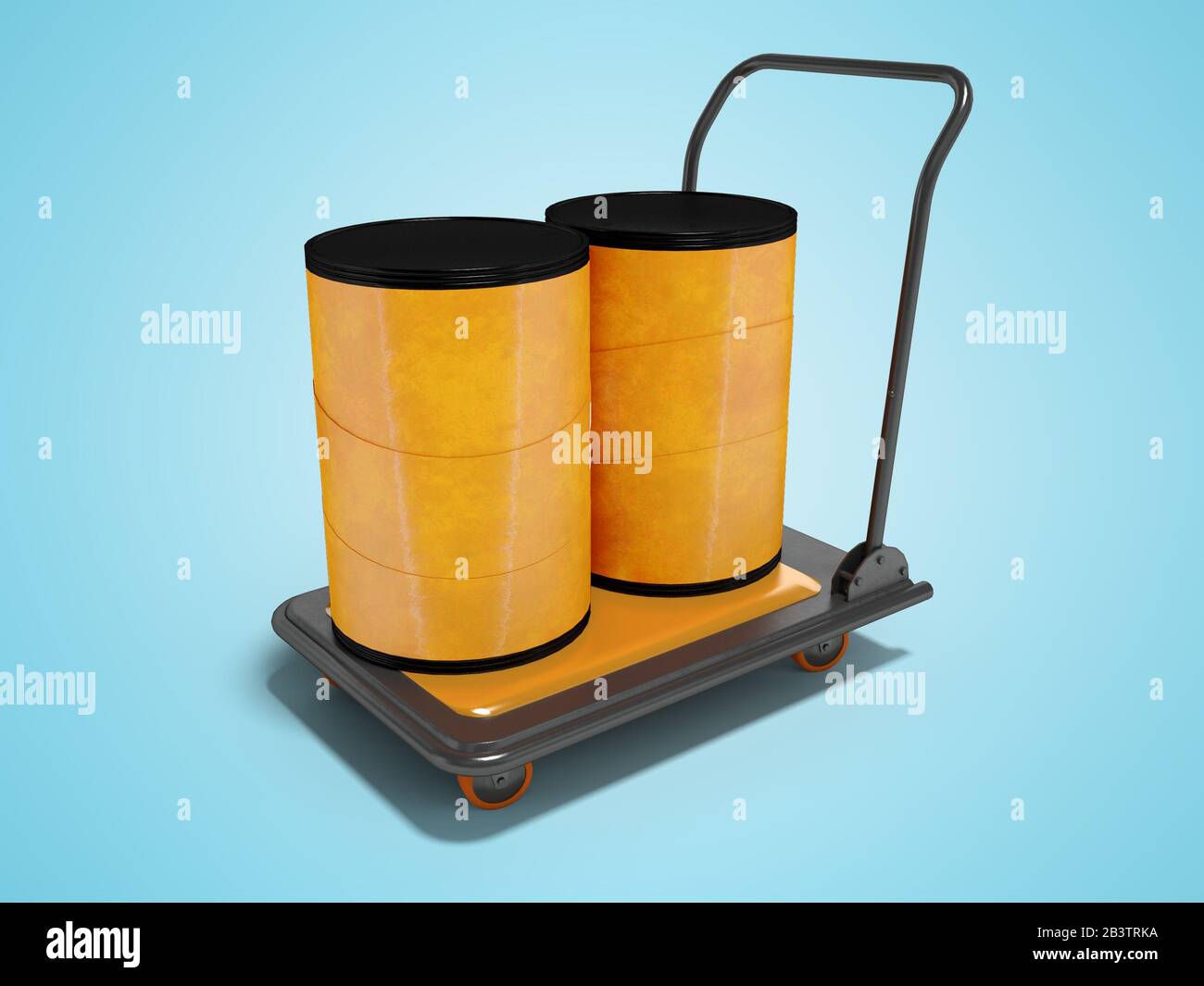 3D rendering transportation of barrels on an orange trolley on blue ...
