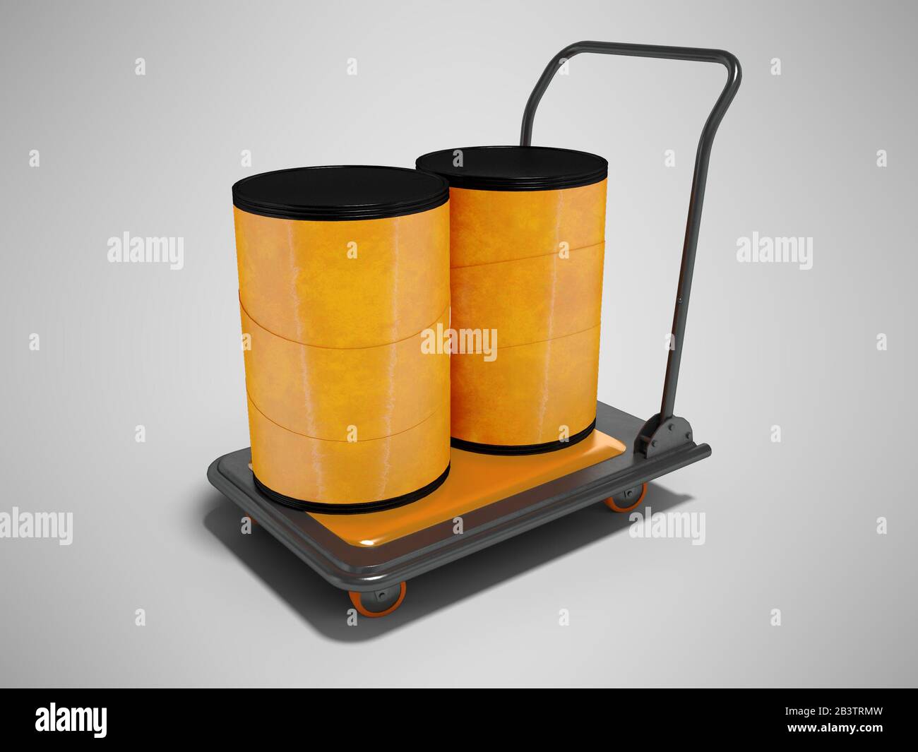 3D rendering transportation of barrels on an orange trolley on gray ...