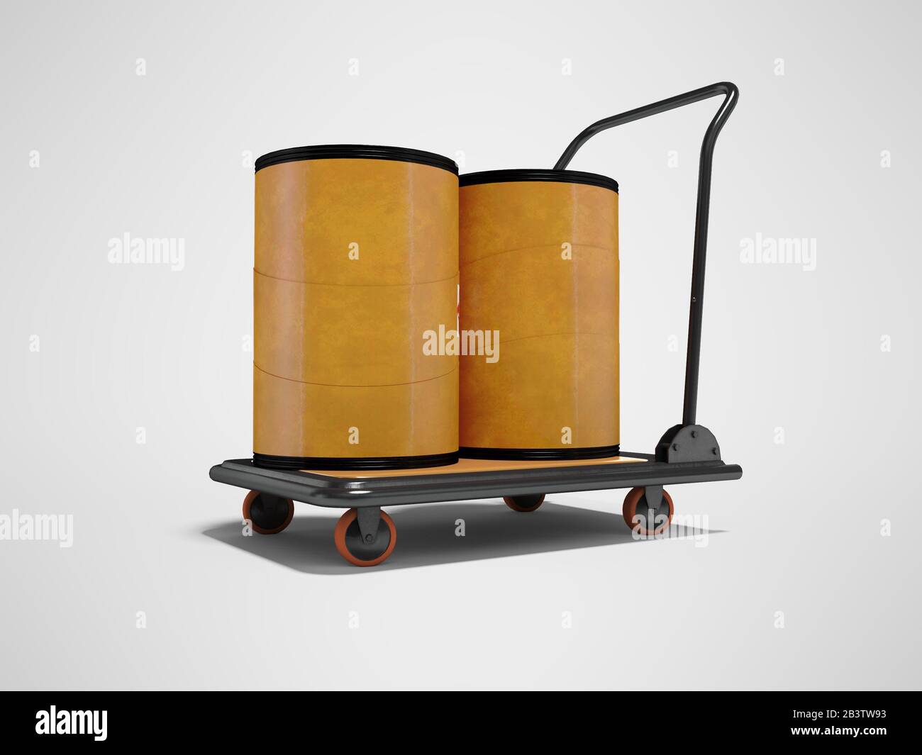 3D rendering transportation two barrels on an orange trolley on gray ...