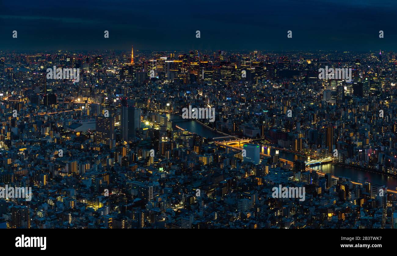 A panorama picture of the Tokyo cityscape as seen from above, at night ...