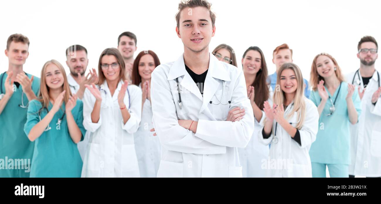 top view. a group of smiling doctors pointing at you Stock Photo - Alamy