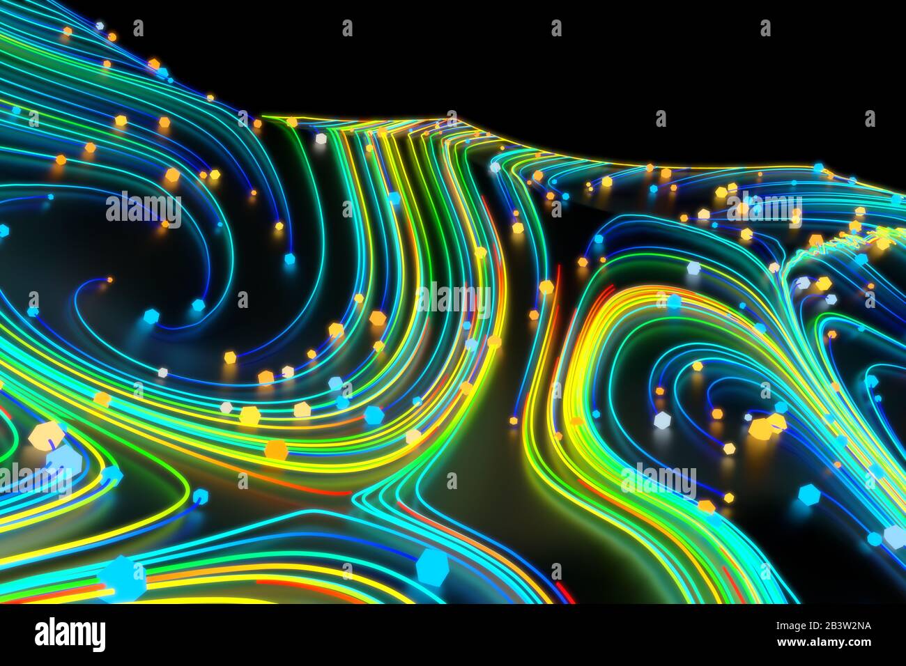 Neon glowing twisted cosmic lines on the glossy surface. Turbulence ...