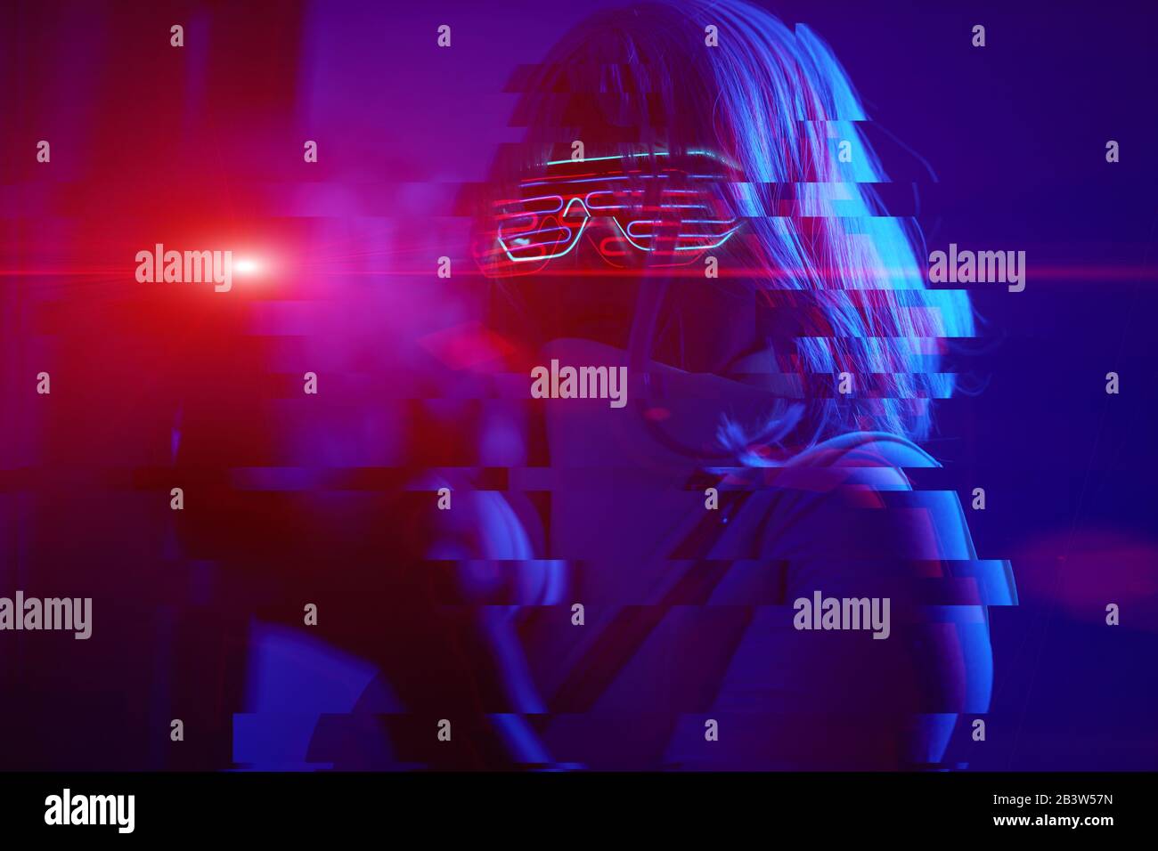 Girl with blaster in the futuristic battle. Concept virtual reality ...