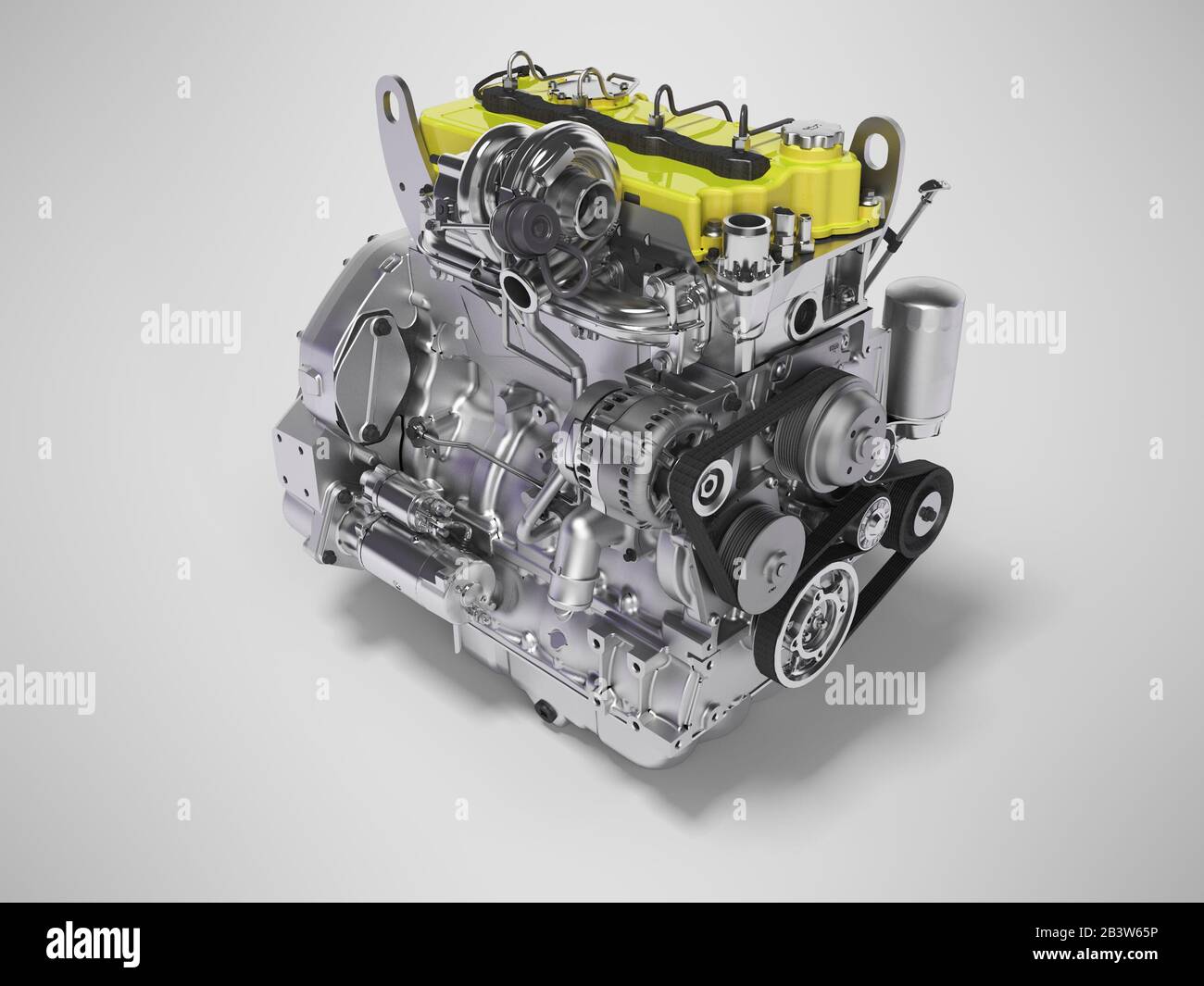 3D rendering yellow diesel engine for car perspective on gray ...