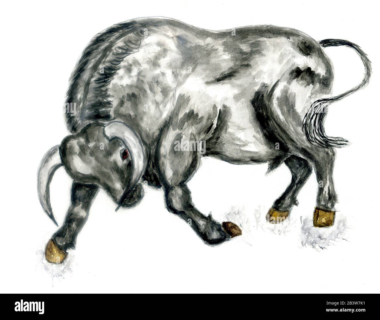 Watercolor illustration of black bull hand drawn design Stock Photo - Alamy