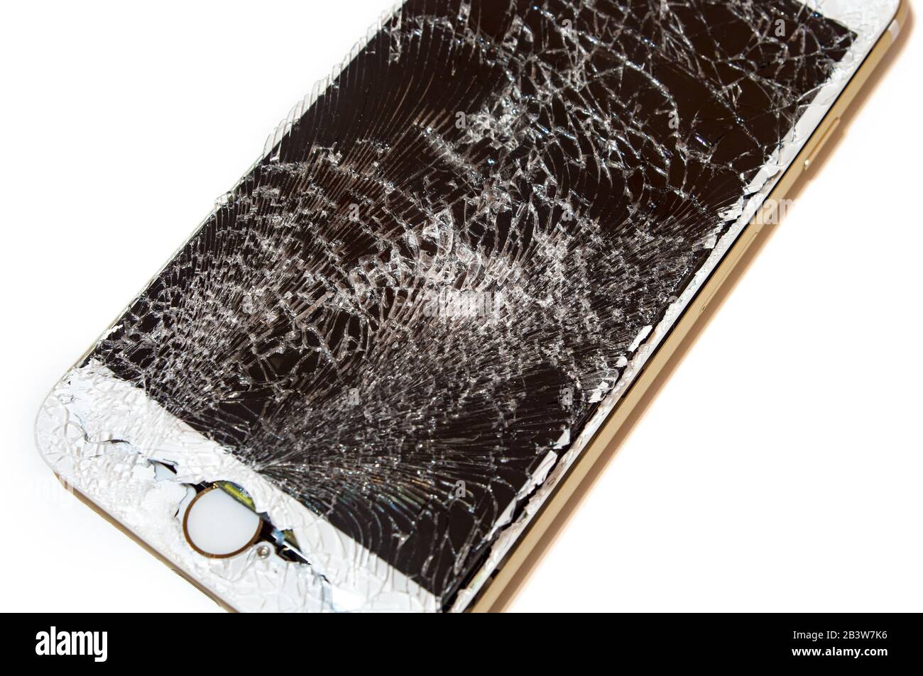 Modern smartphone with highly broken screen isolated on white ...