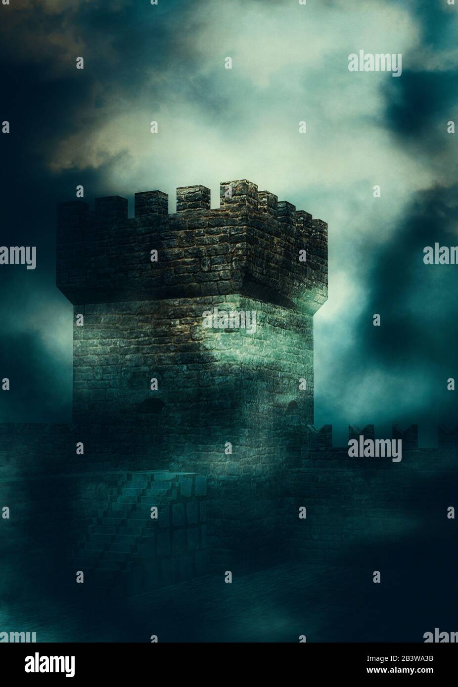 Digital rendered medieval fortress in the heavy fog at night, 3d ...