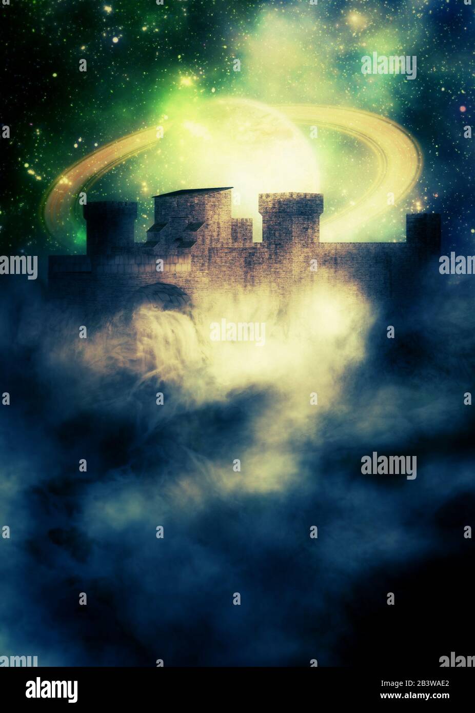 Digital rendered medieval fortress over night, starry sky background ...