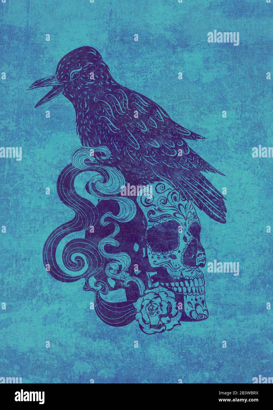 Grunge retro style illustration of floral sugar skull design, hard ...