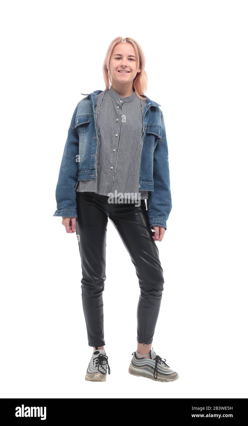 Woman wearing denim jacket Cut Out Stock Images & Pictures - Alamy
