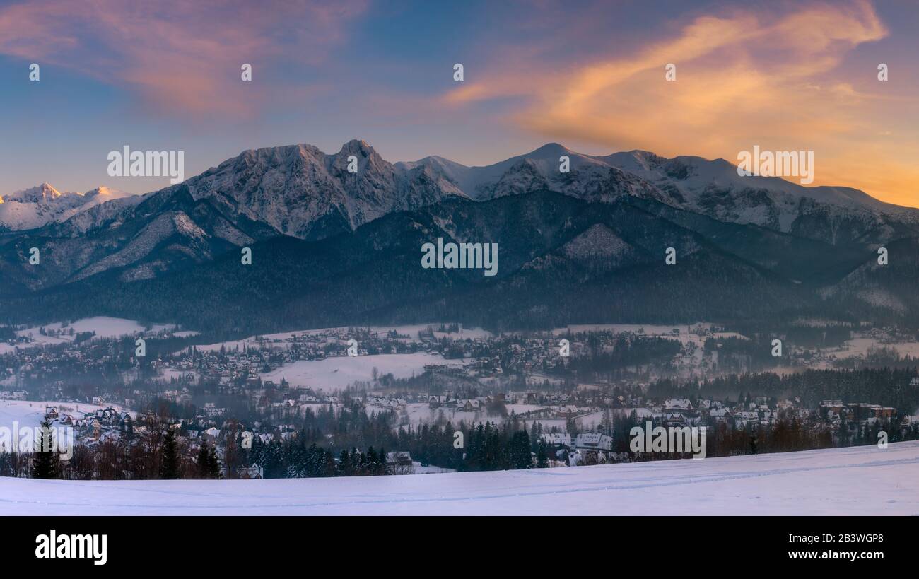 Winter panorama of the High Tatras and the Zakopane Resort in Poland ...