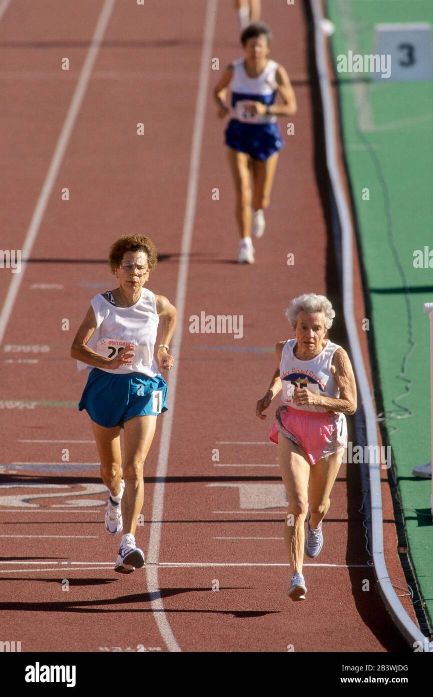 San Antonio, Texas USA, 1995: Women age 60-over competing in 800-meter ...