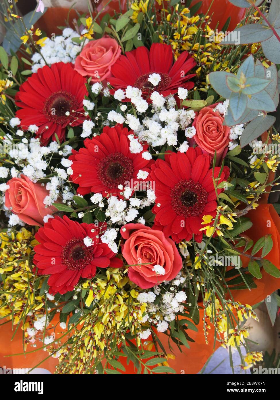 Close-up looking down on a beautiful bouquet of flowers on display at a ...
