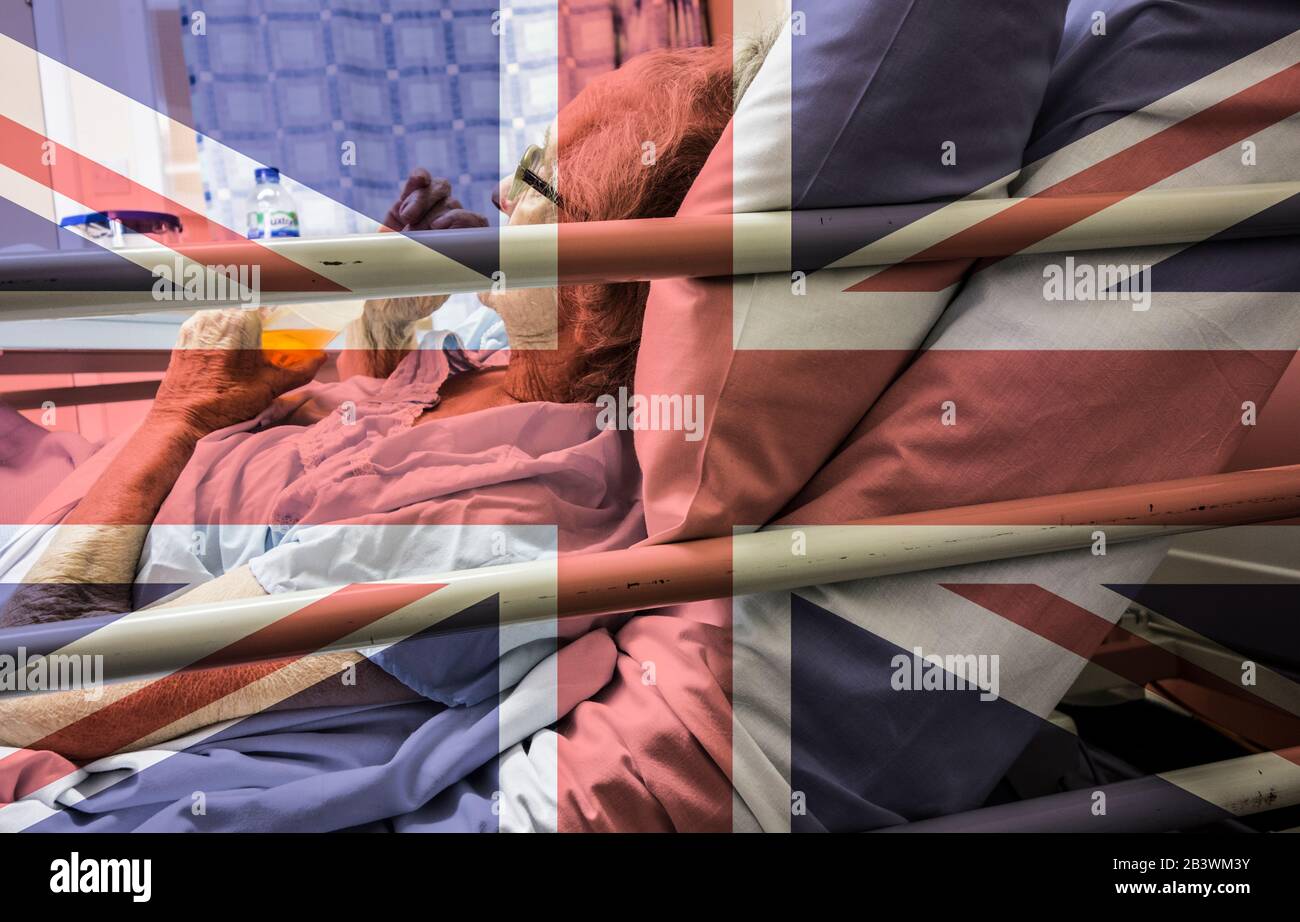 Elderly patient in her nineties in isolation room in NHS hospital in ...
