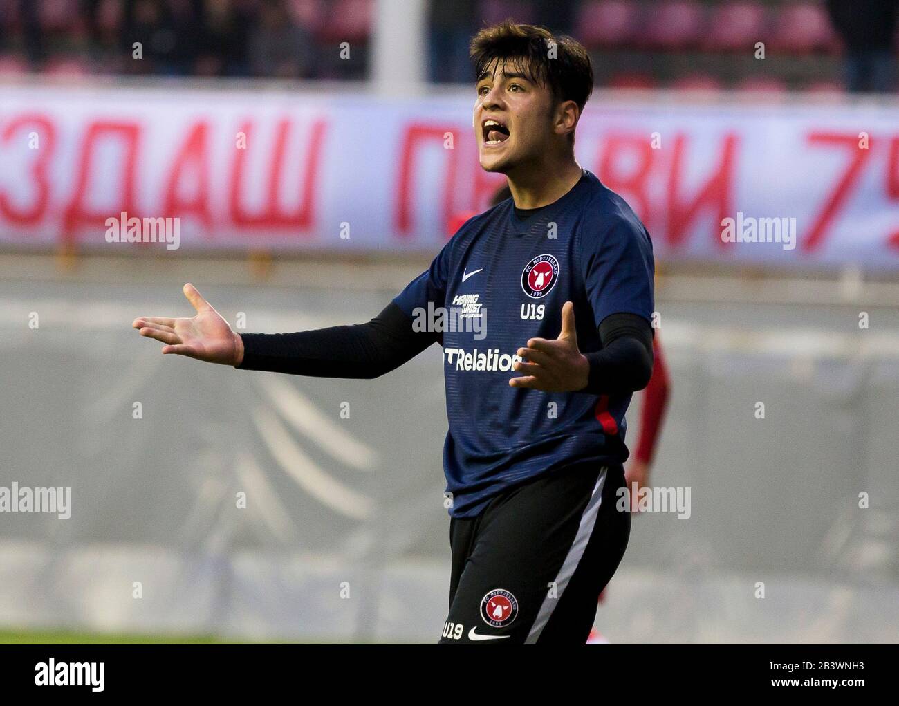 Belgrade, Serbia. 4th Mar, 2020. Aral Simsir of FC Midtjylland reacts ...