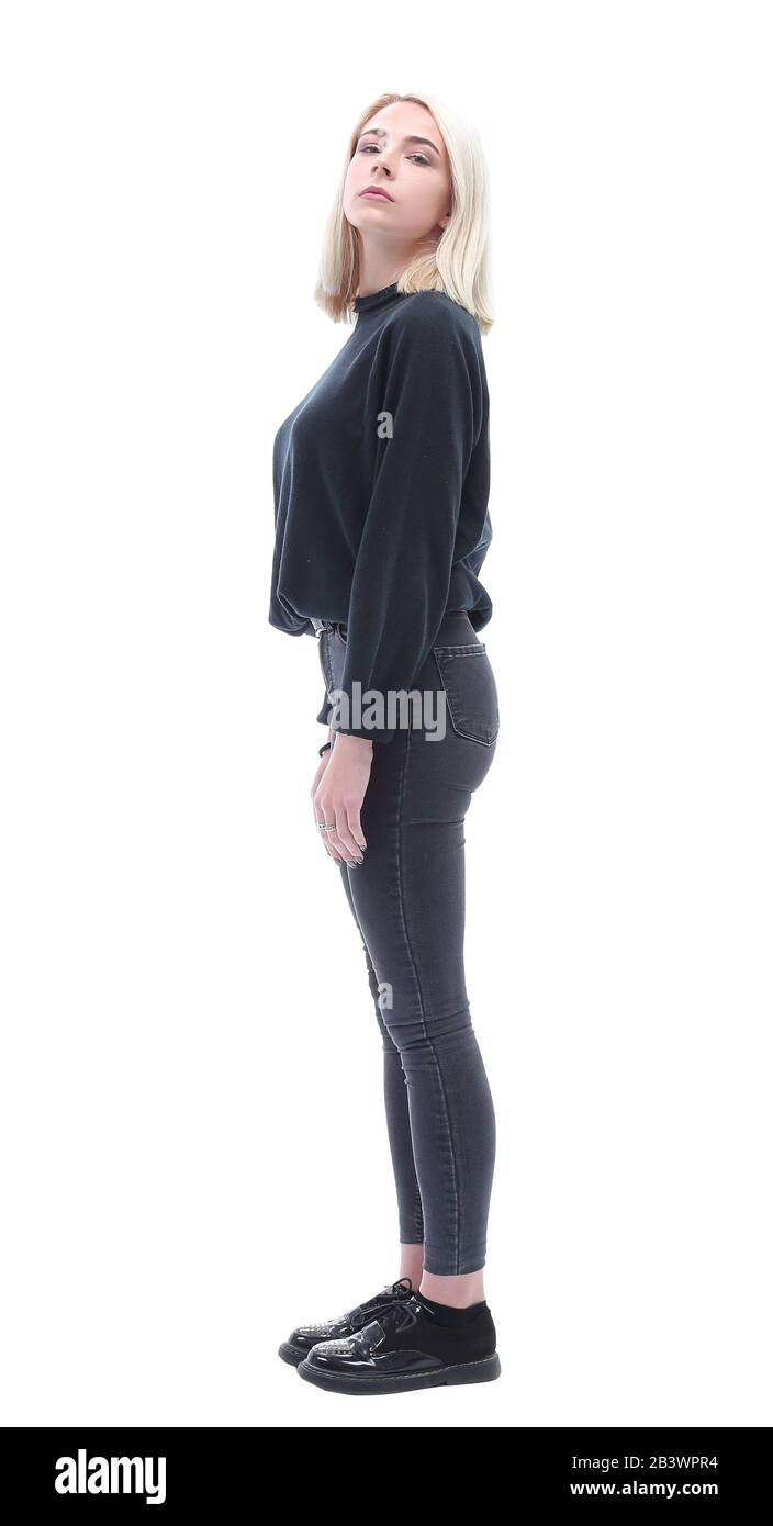 side view. serious young woman looking at the camera Stock Photo - Alamy