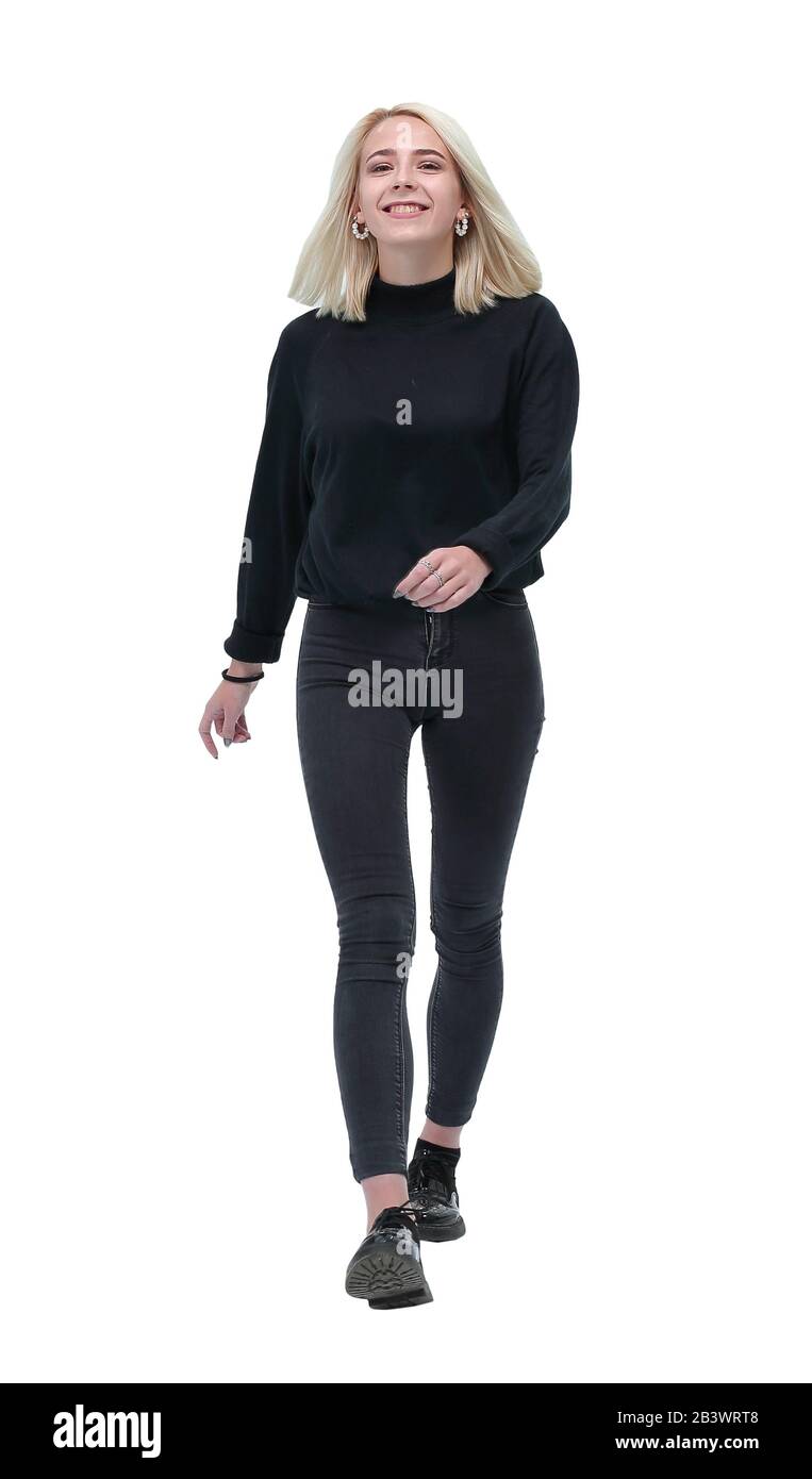 in full growth. happy young woman moving forward Stock Photo - Alamy