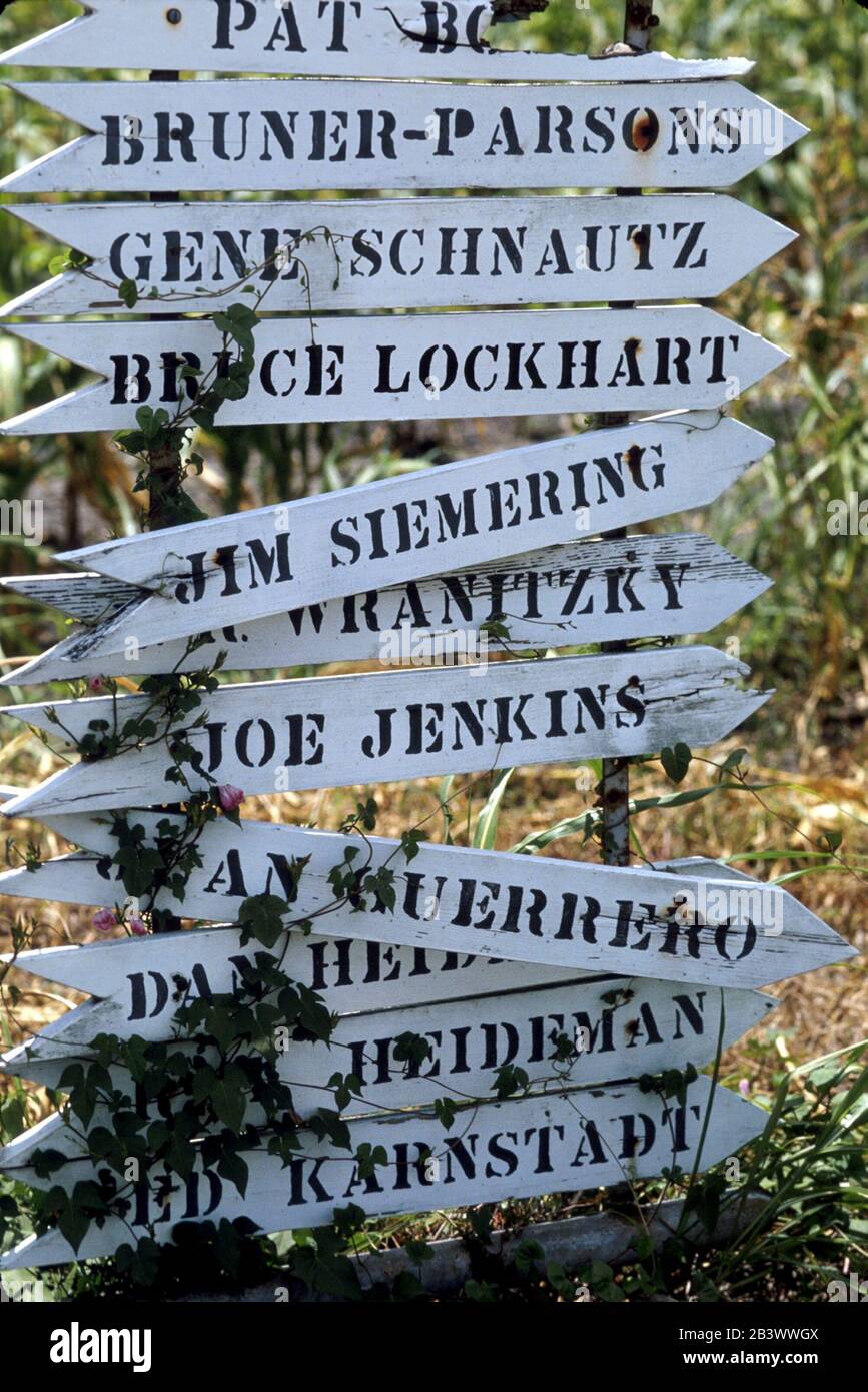 Uhland Texas USA: Wooden signs point in direction of residents' homes ...