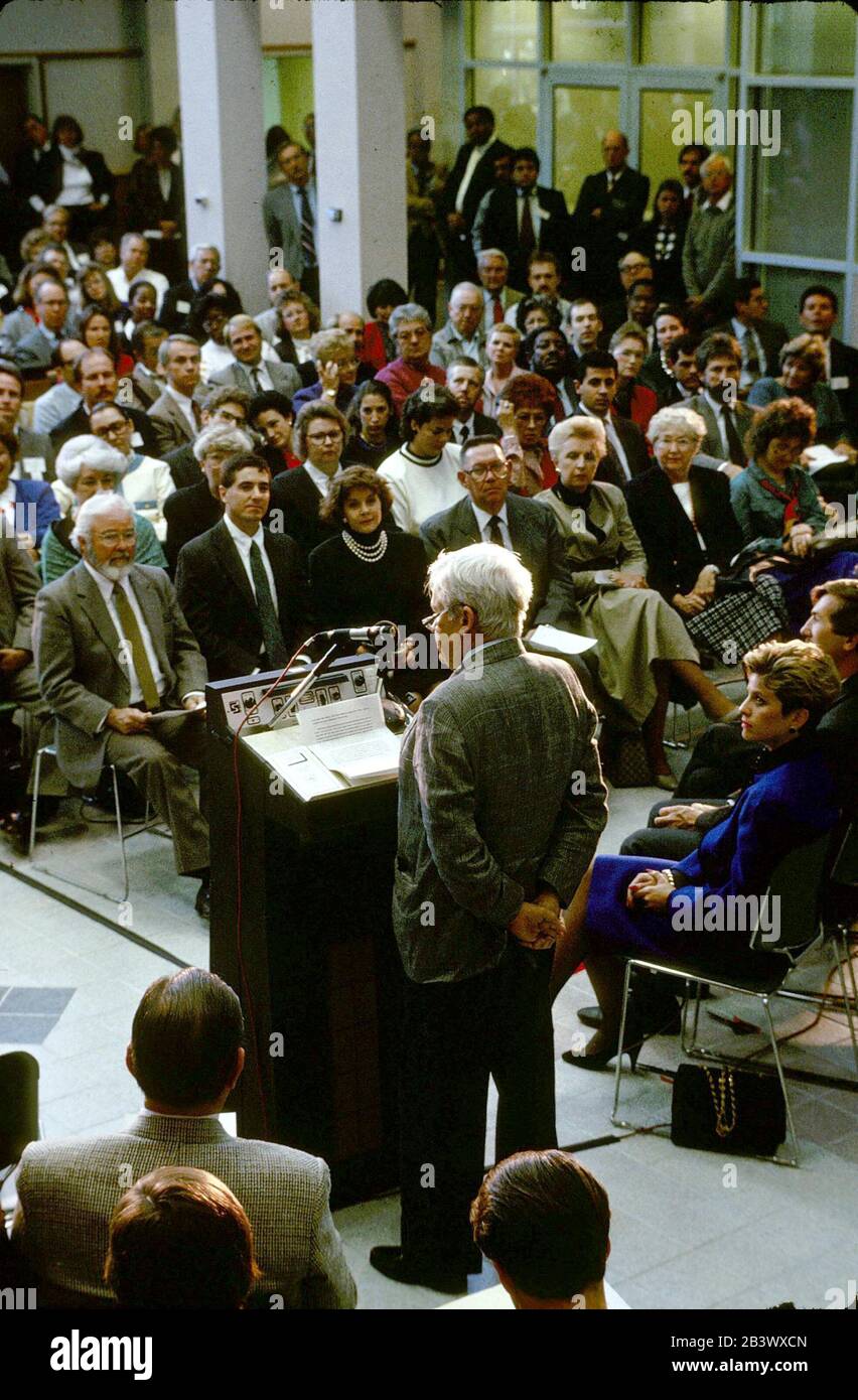 Austin Texas USA, 1989: Speaker addresses crowd of VIPs at grand ...