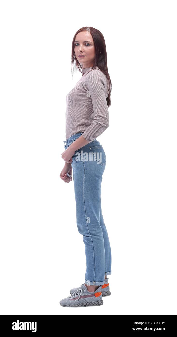 side view. attractive young woman looking at the camera Stock Photo - Alamy