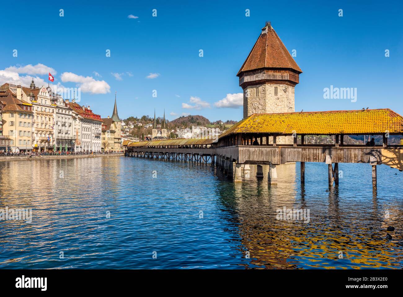 Lucerne, Switzerland, historical wooden Chapel bridge and the Old town ...