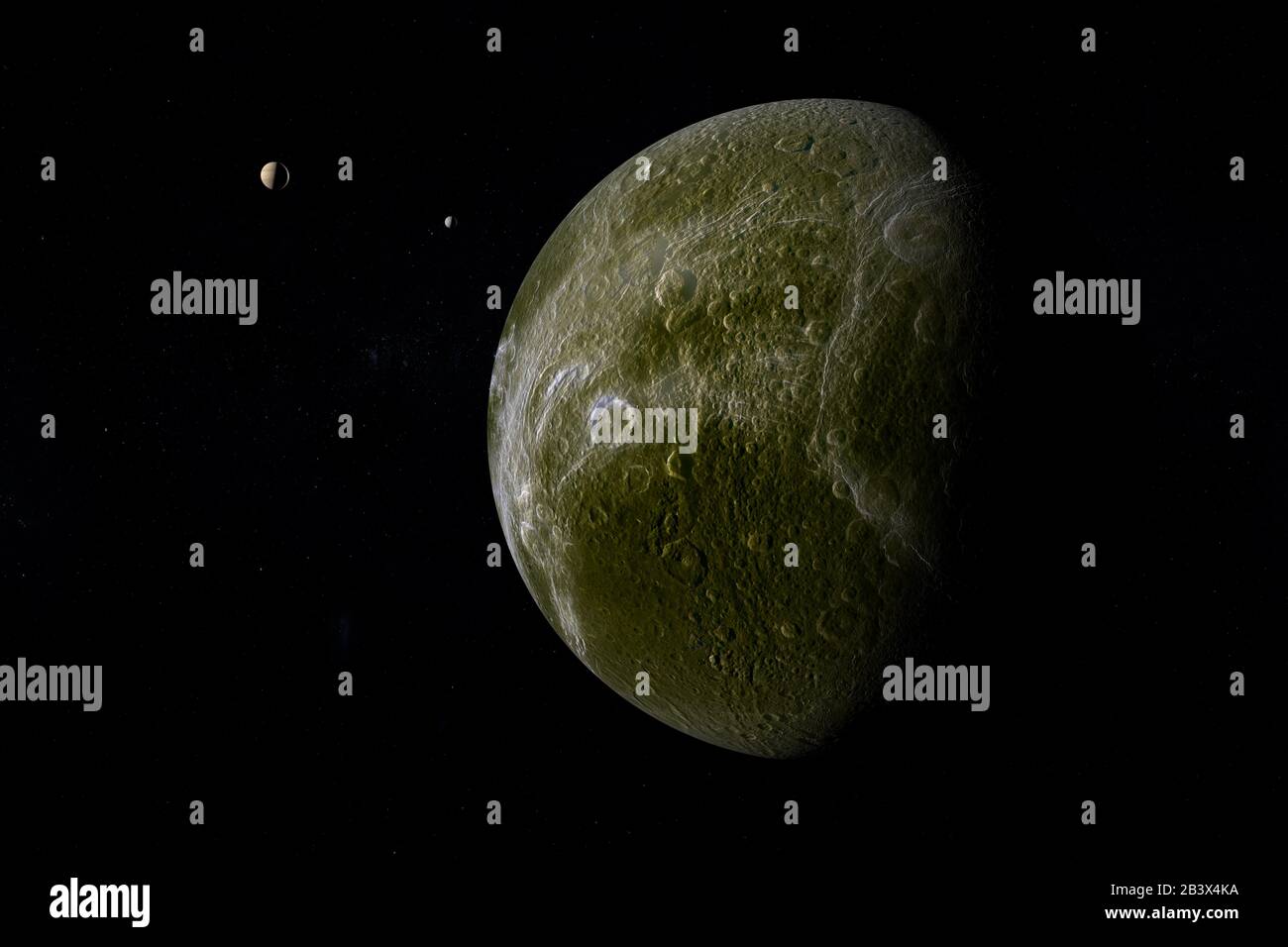 Dione, Saturn's moon, rotating in the outer space. 3d render Stock ...