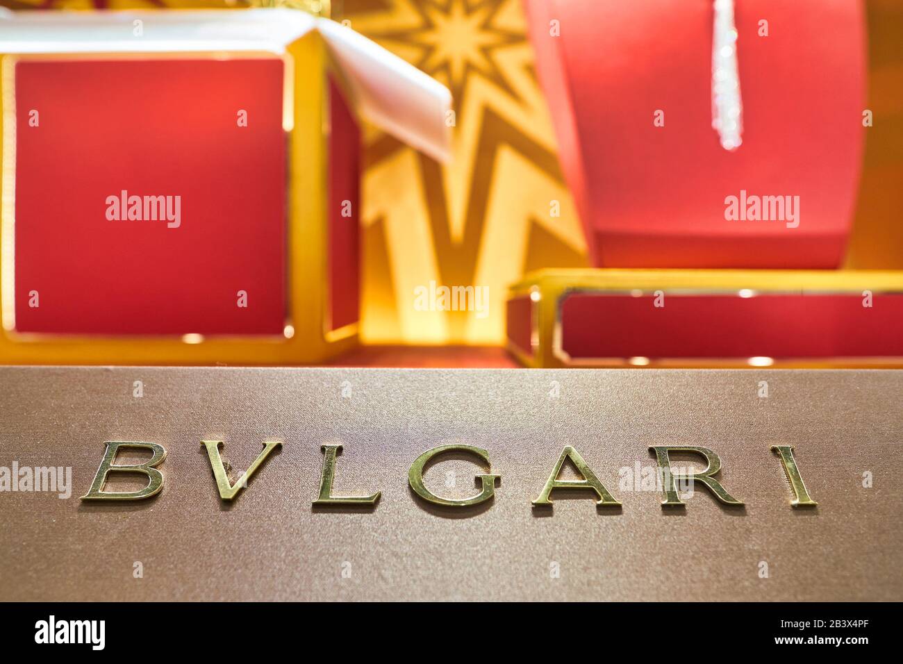 HONG KONG, CHINA - CIRCA JANUARY, 2019: close up shot of Bvlgari sign ...