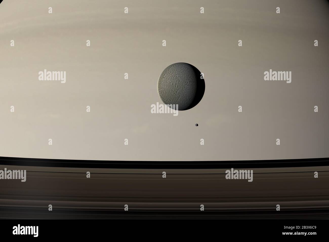 Epimetheus and Rhea orbiting around Saturn planet. 3d render Stock ...