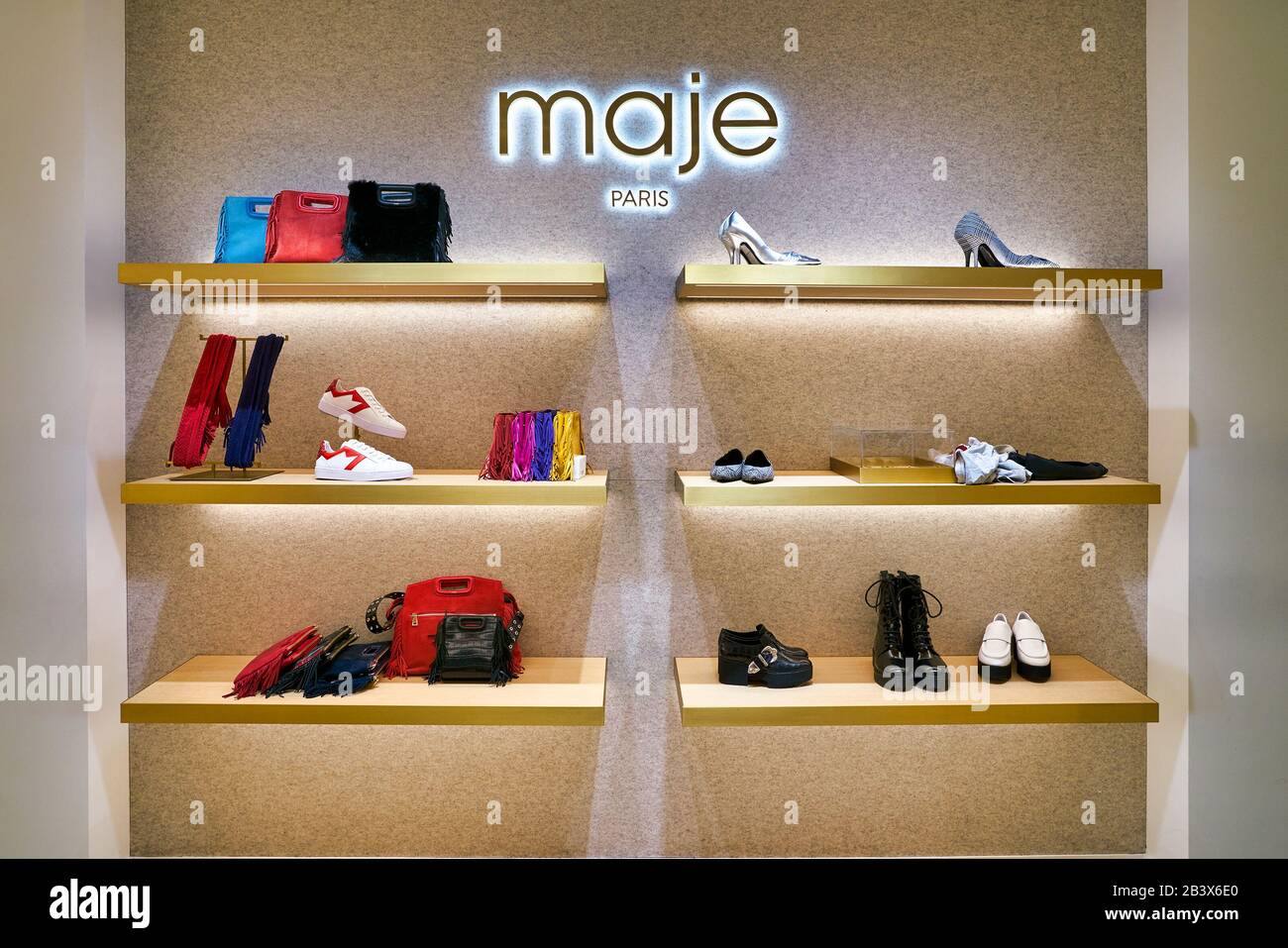 HONG KONG, CHINA - CIRCA JANUARY, 2019: goods on display at Maje store ...