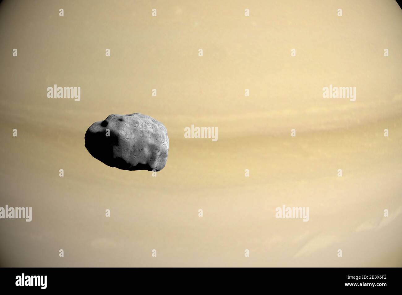 Epimetheus orbiting around Saturn planet. 3d render Stock Photo - Alamy