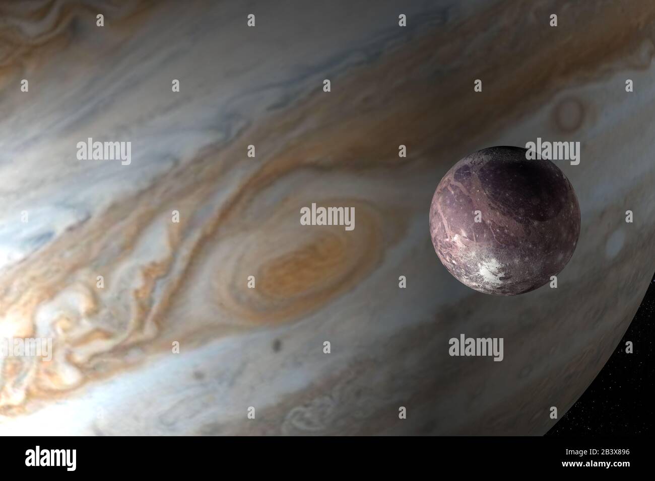 Jupiter planet and satellite Ganymede in the outer space. 3d render ...