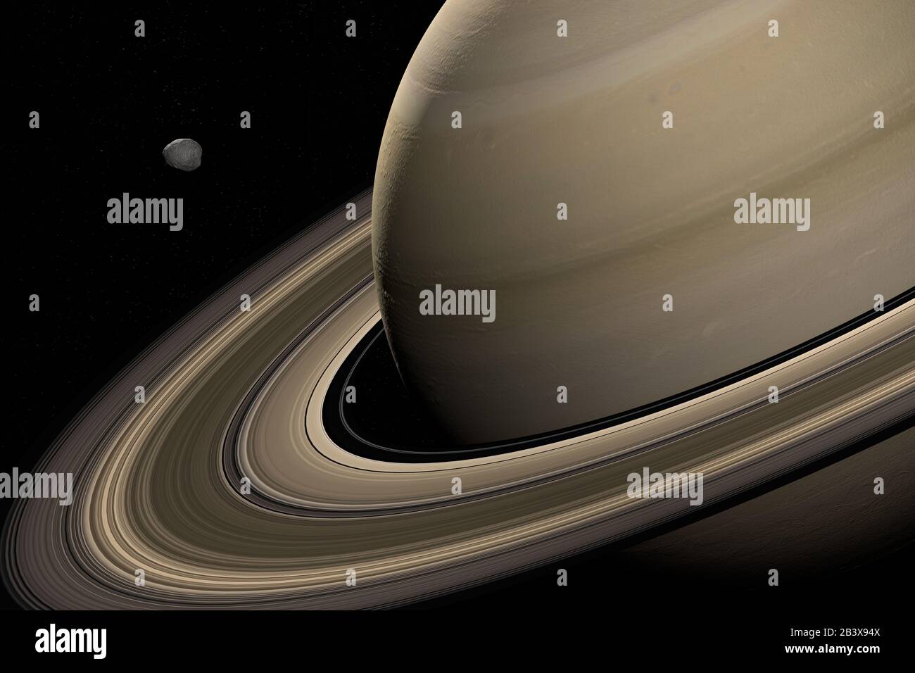 Janus, inner satellite , orbiting around Saturn planet. 3d render Stock ...