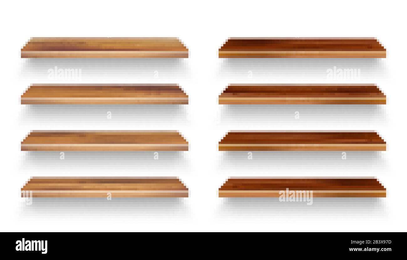 Realistic empty wooden store shelves set. Product shelf with wood ...
