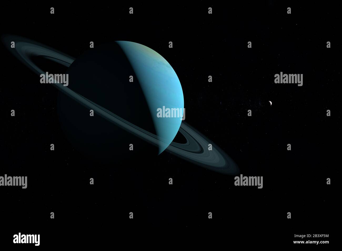 Satellite Miranda orbiting around Uranus planet in the outer space. 3d ...
