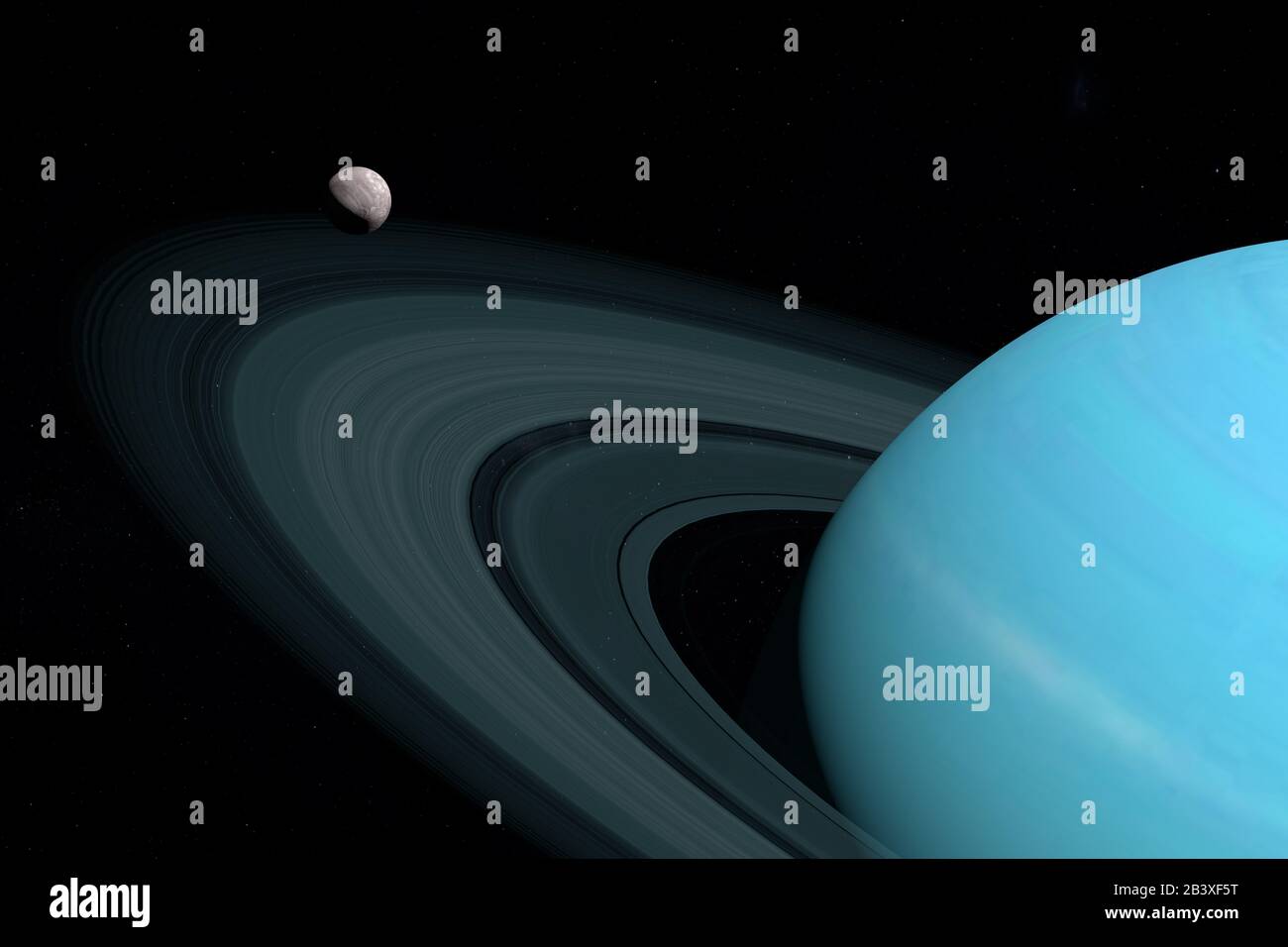 Miranda orbiting around Uranus planet in the outer space. 3d render ...