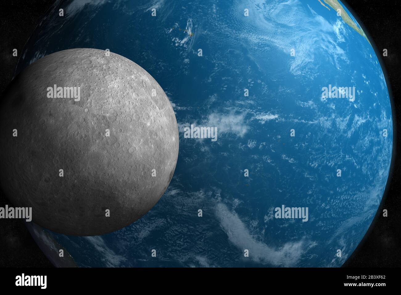 Moon and planet earth orbiting in the outer space. 3d render Stock ...